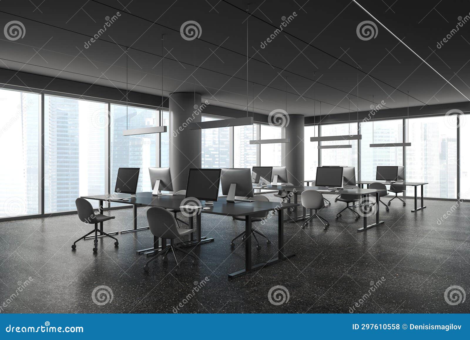 Modern Office Workplace Interior with Pc Desktop and Table in Row Near ...