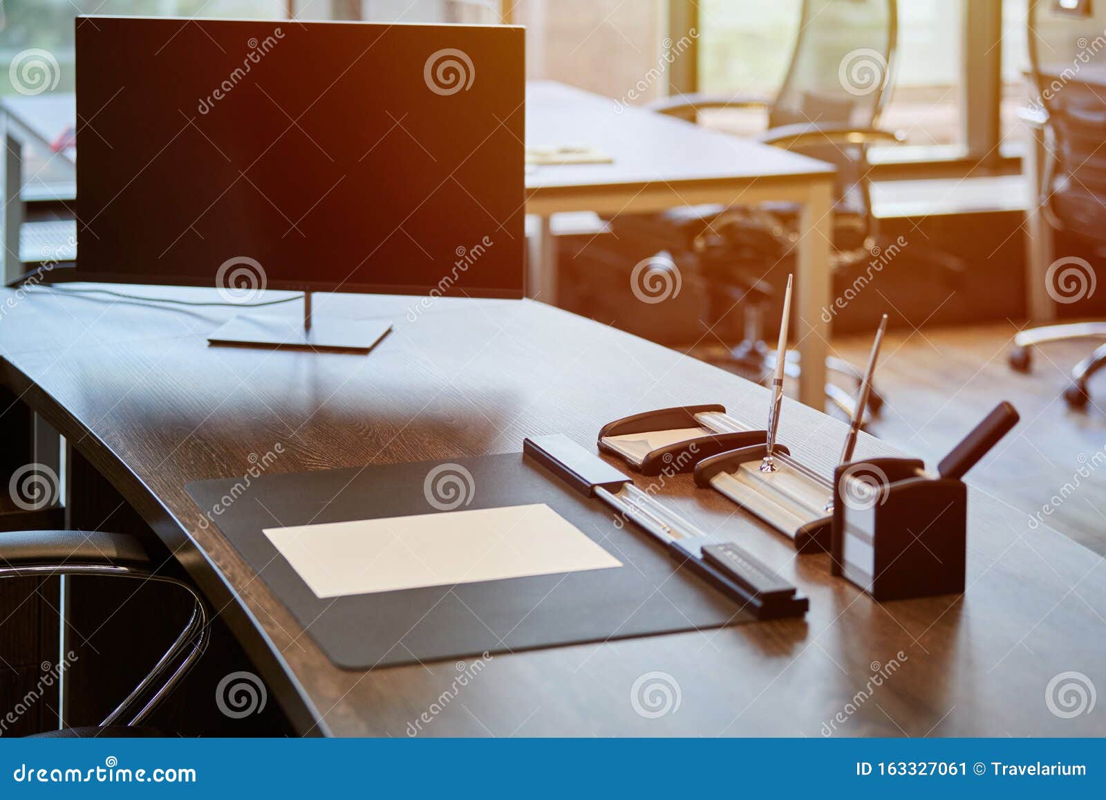 Modern Office Workplace. Monitor on Employee Table. Business Work Place ...
