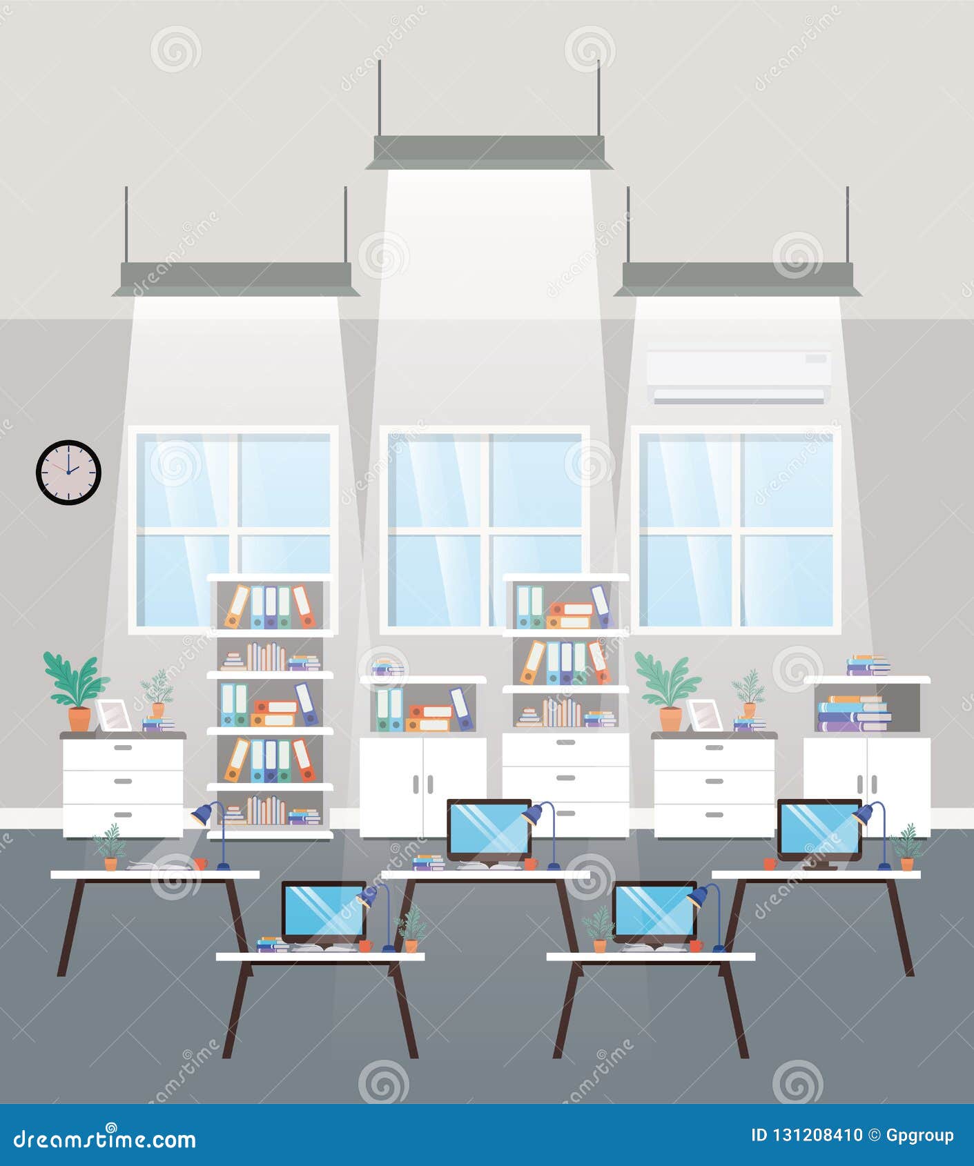 Modern Office Workplace Teamwork Scene Stock Vector - Illustration of ...