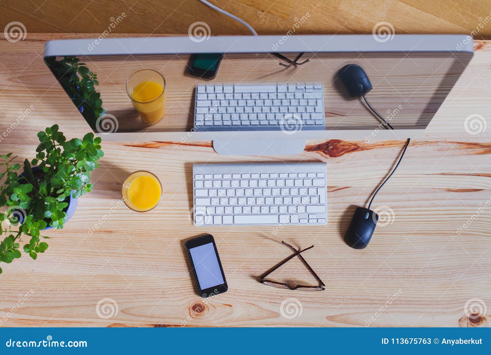 Modern Office Workplace, Top View of Computer Stock Image - Image of ...