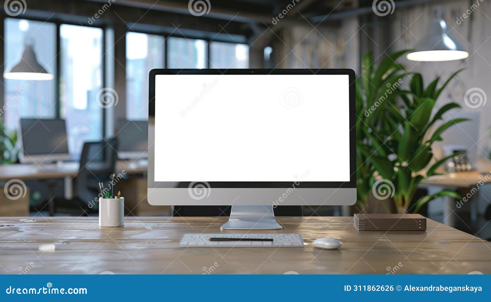 Modern Office Workspace with Blank Computer Screen Stock Illustration ...