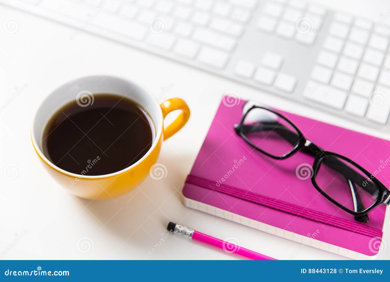 Modern Office Workspace with Coffee, Computer and Glasses Stock Photo ...