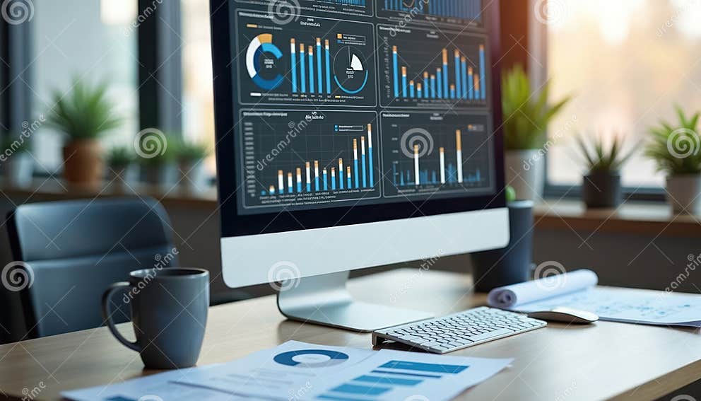 Modern Office Workspace with Computer Displaying Charts, Graphs ...