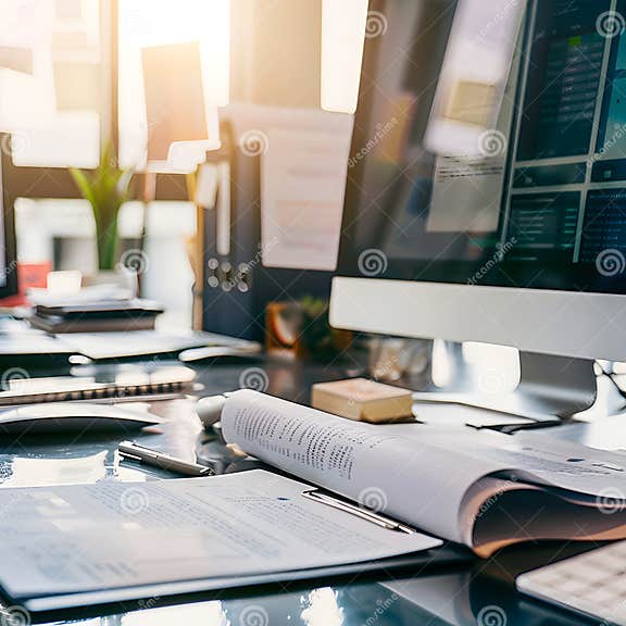 Modern Office Workspace with Computer and Documents Stock Image - Image ...