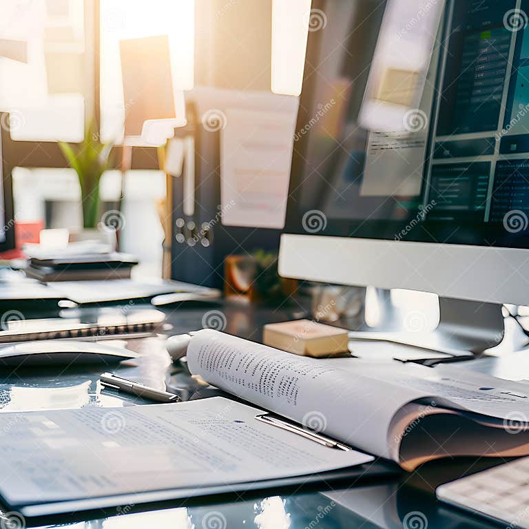 Modern Office Workspace with Computer and Documents Stock Image - Image ...