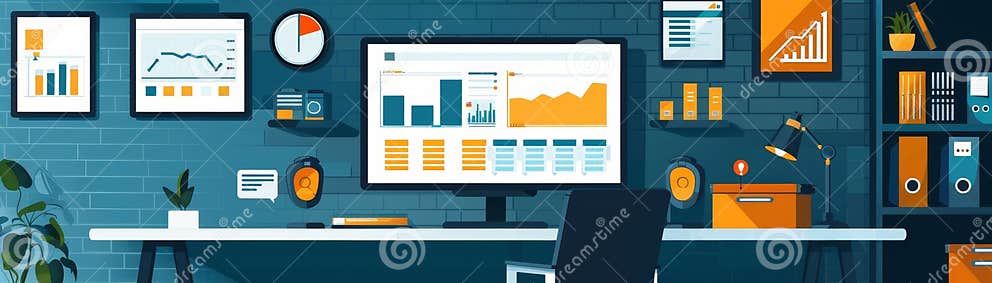 Modern Office Workspace with Computer Screen Displaying Analytics ...