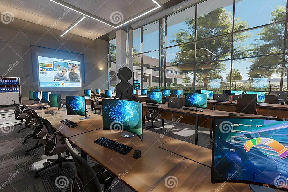 Modern Office Workspace Design, Featuring Ergonomic Chairs, Large Windows with Natural Light ...