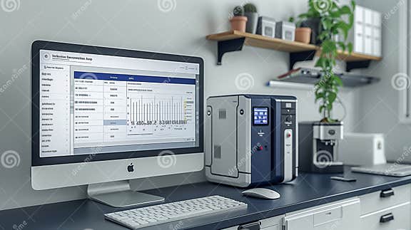 Modern Office Workspace with Desktop Computer and Printer Stock ...