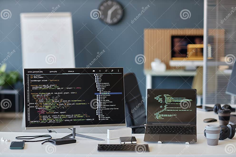 Modern Office Workspace Featuring Coding Screens Stock Photo - Image of ...