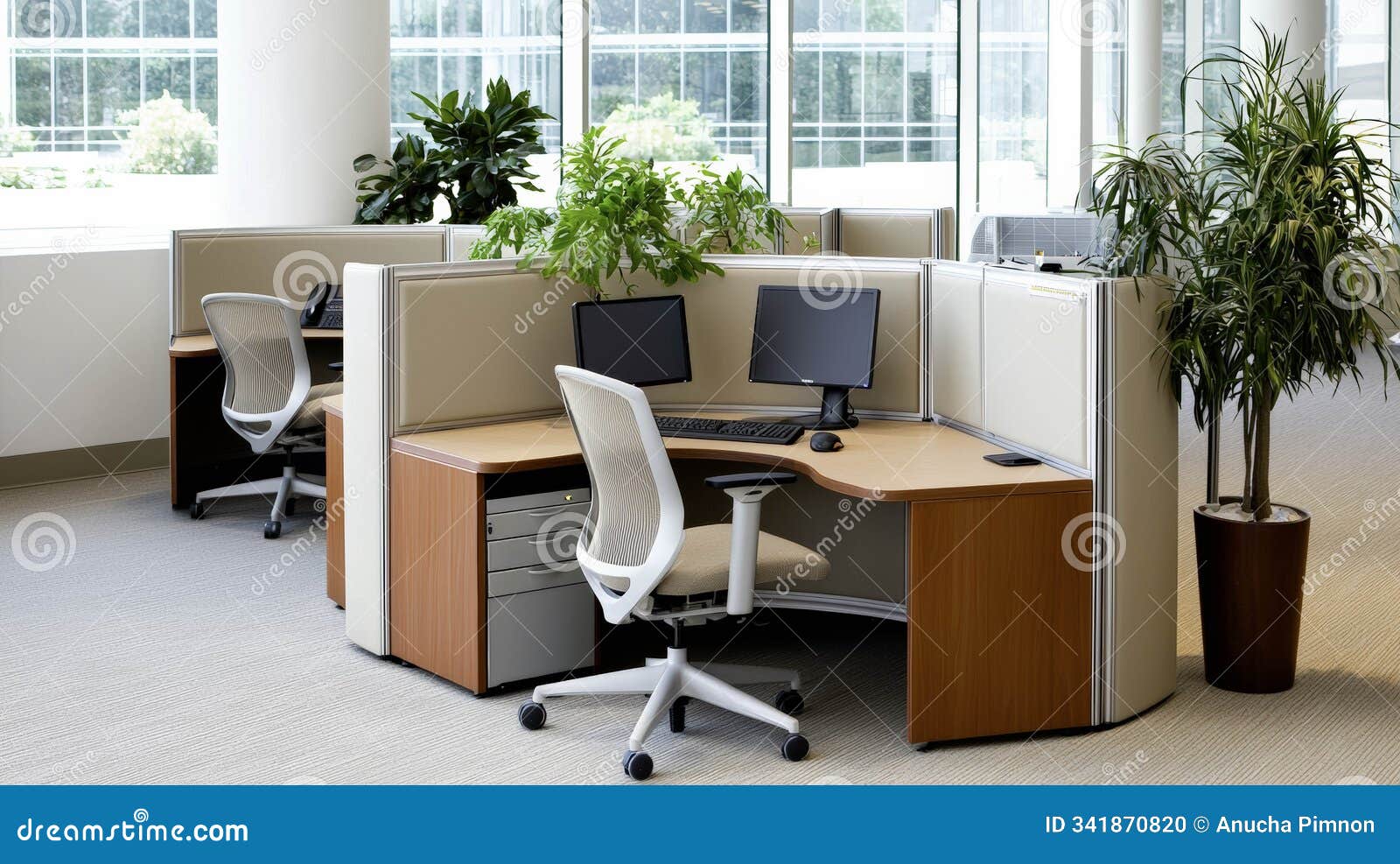 Modern Office Workspace with Enclosure and Plants Generative AI ...