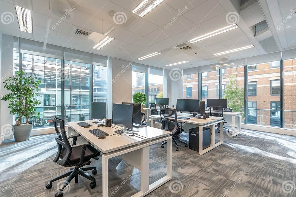 Modern Office Workspace with Fully Equipped Desks and Workstations for ...