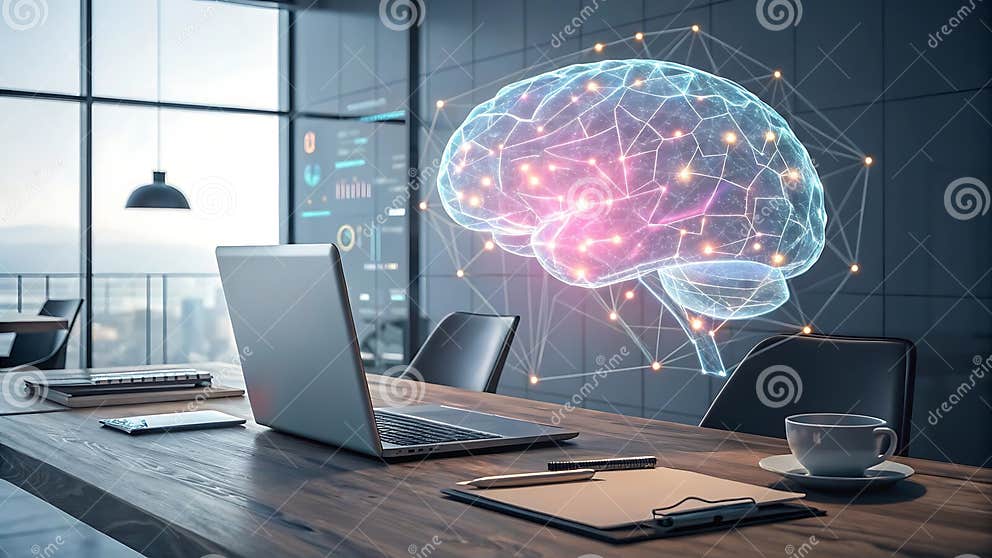 Modern Office Workspace with a Holographic Brain, Symbolizing AI Stock ...
