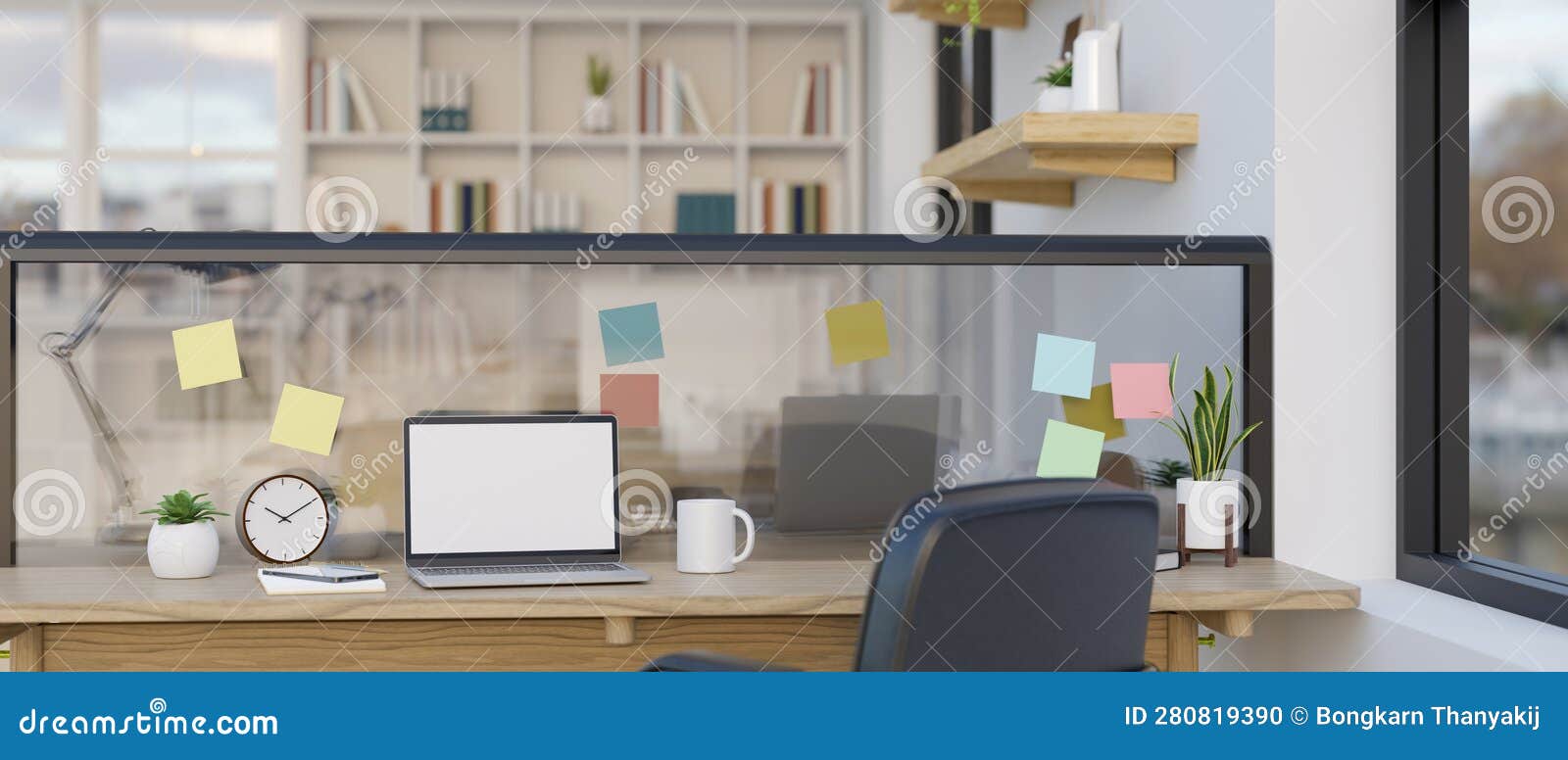 Modern Office Workspace with Laptop Mockup on a Table, Sticky Notes on ...
