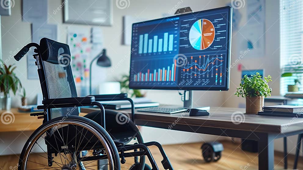 Modern Office Workspace with Wheelchair and Computer Displaying Data ...