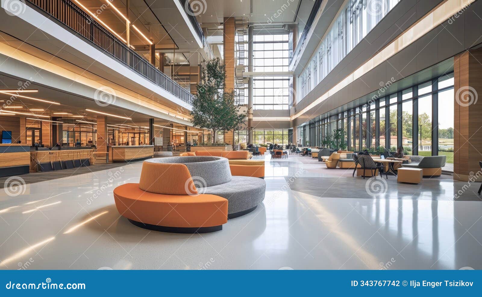 Modern Open Atrium Lobby with Seating Area in a Corporate Office ...