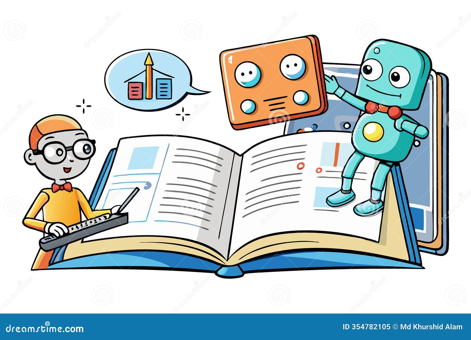 Modern Open Book with AI Powered Learning Features, Analytics, and Robots Promoting Advanced ...