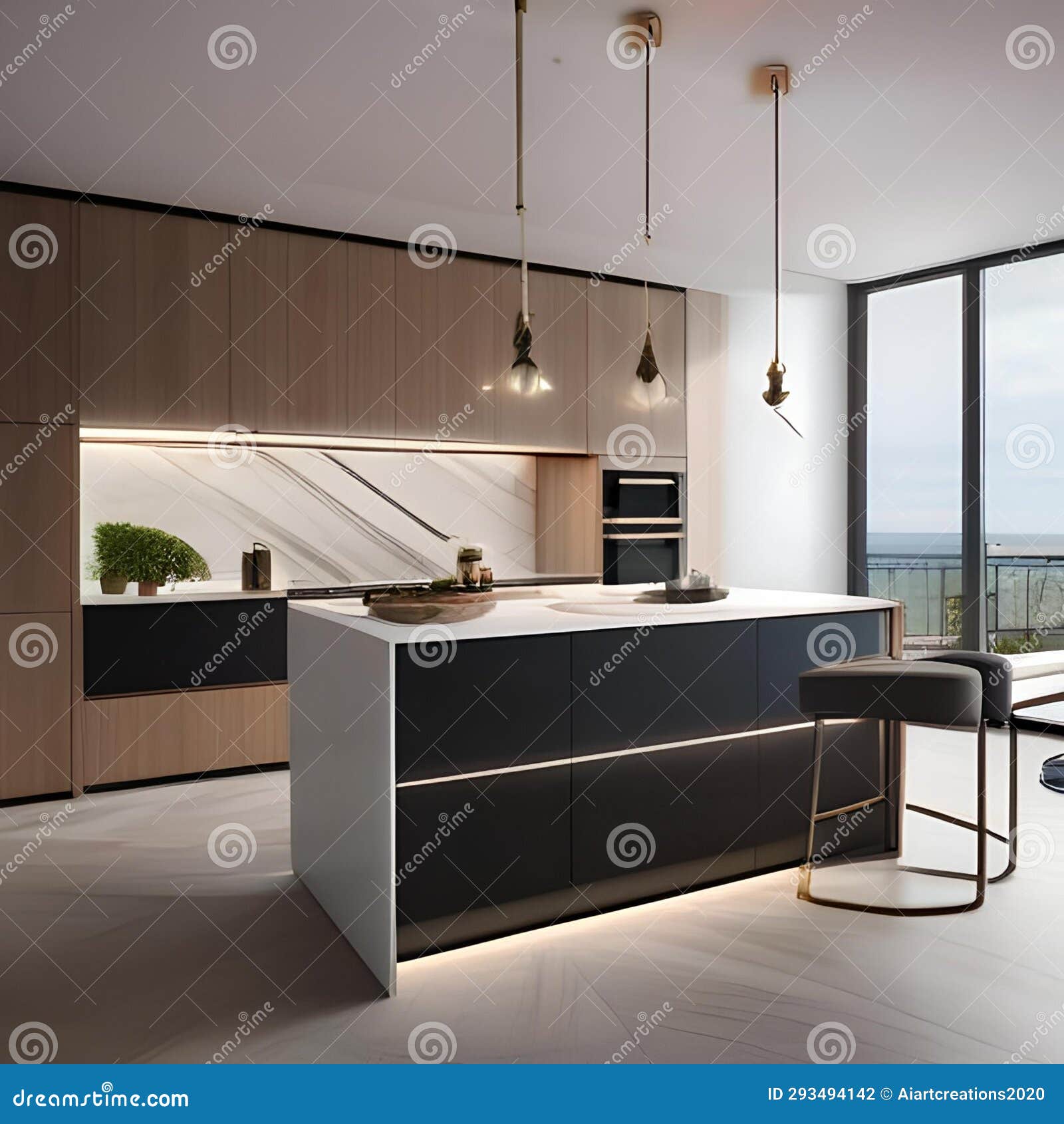A Modern, Open-concept Kitchen with a Waterfall Edge Island, Pendant ...