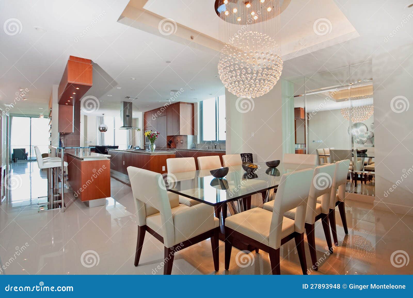 Modern Open Kitchen and Dining Room Stock Photo - Image of backsplash ...