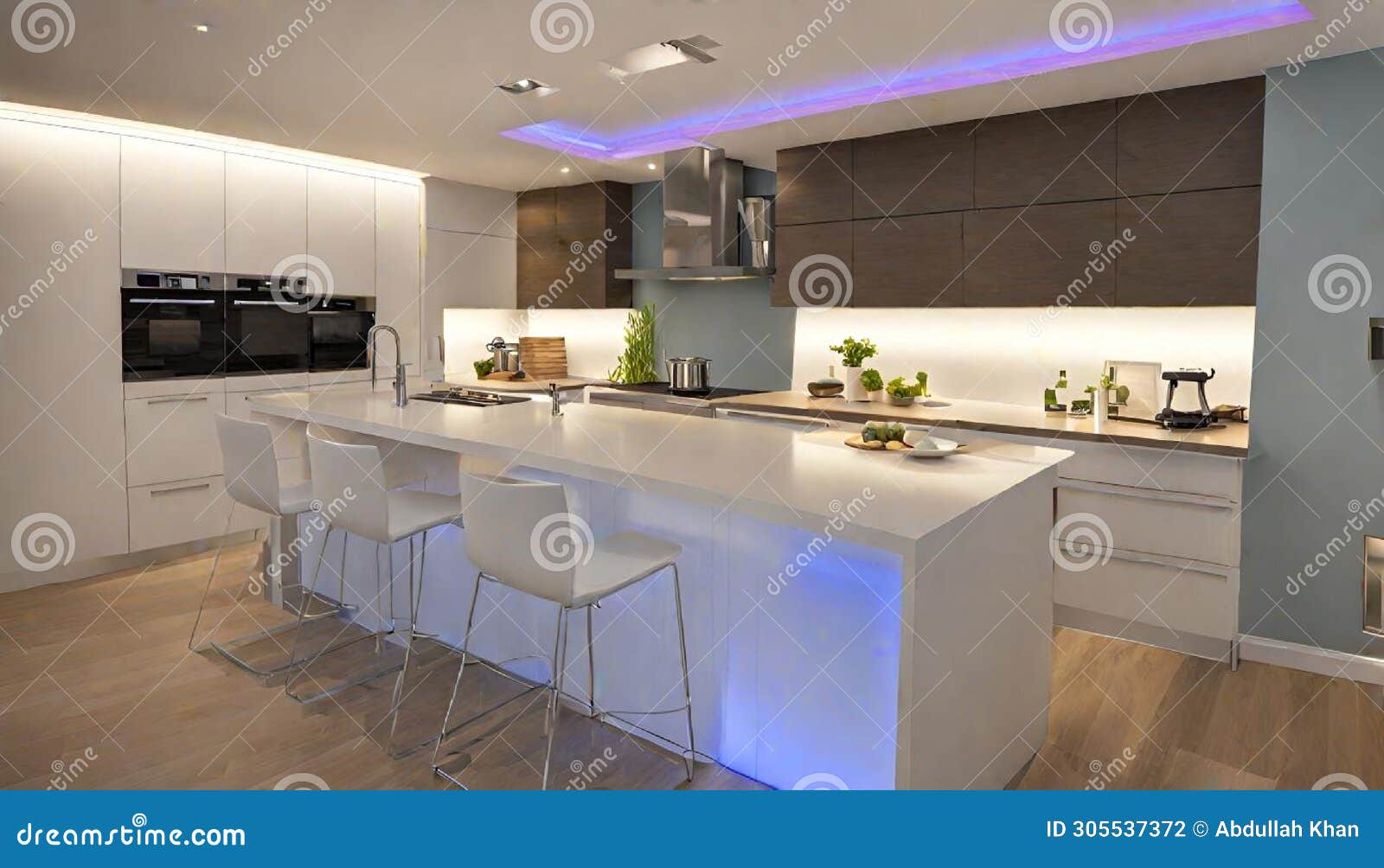 Modern Open Kitchen with Dropped Ceiling and LED Strip Stock ...