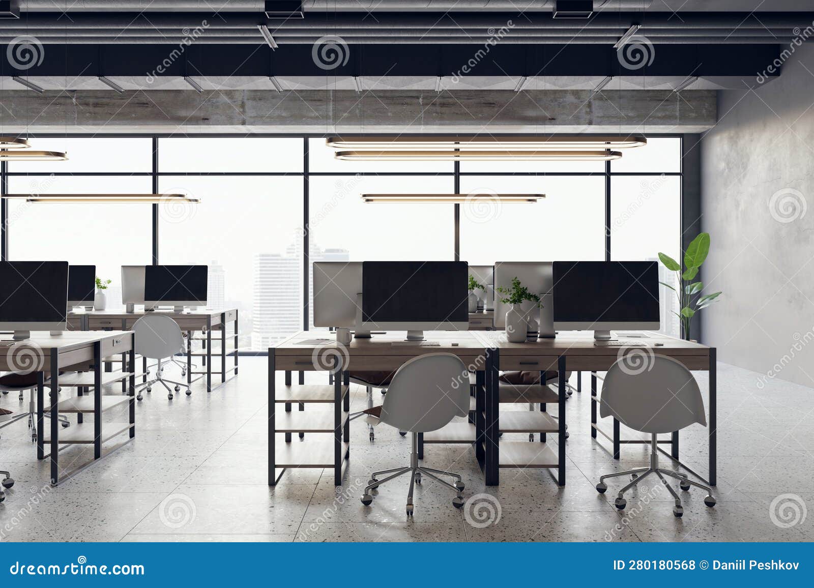 Modern Open Loft Office Interior with Desks, Computers, a Stone Floor ...