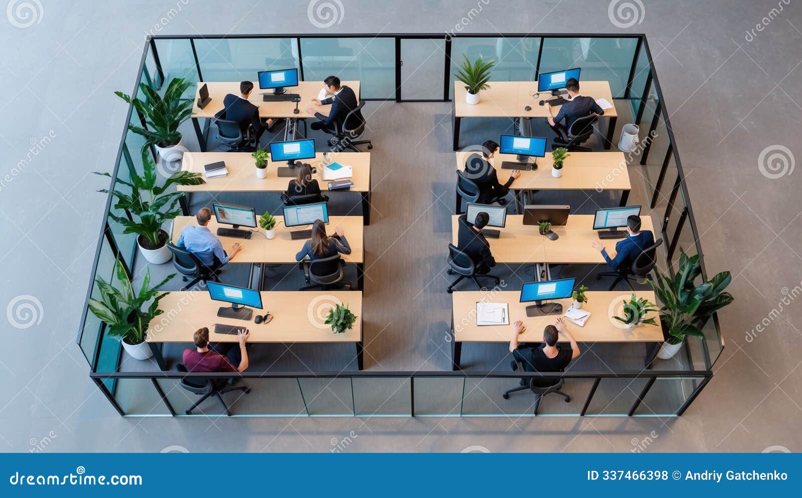 Modern Open Office Layout: Aerial View of Collaborative Workspace with ...