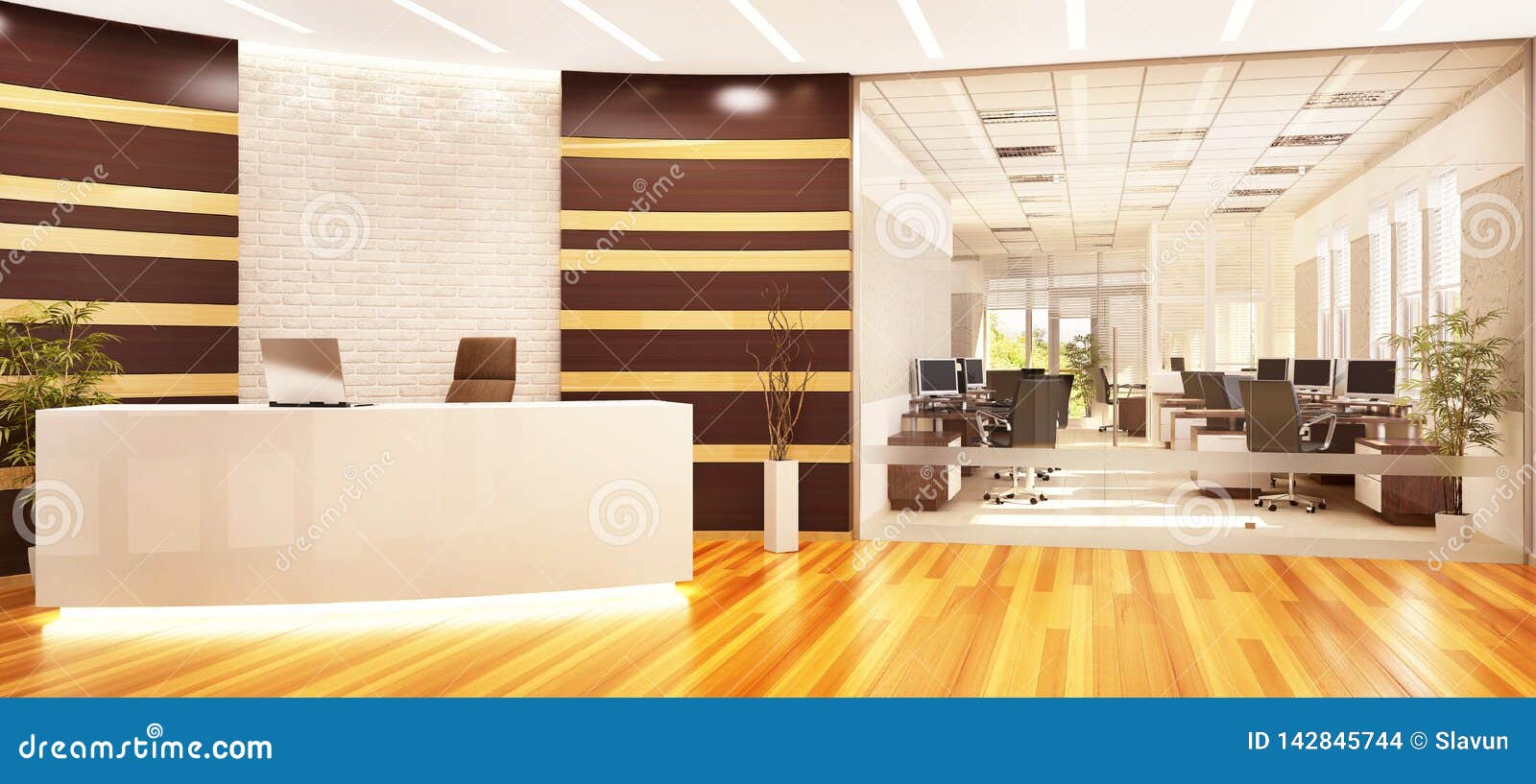 Modern Open Office with Reception and Glass Partition Stock ...