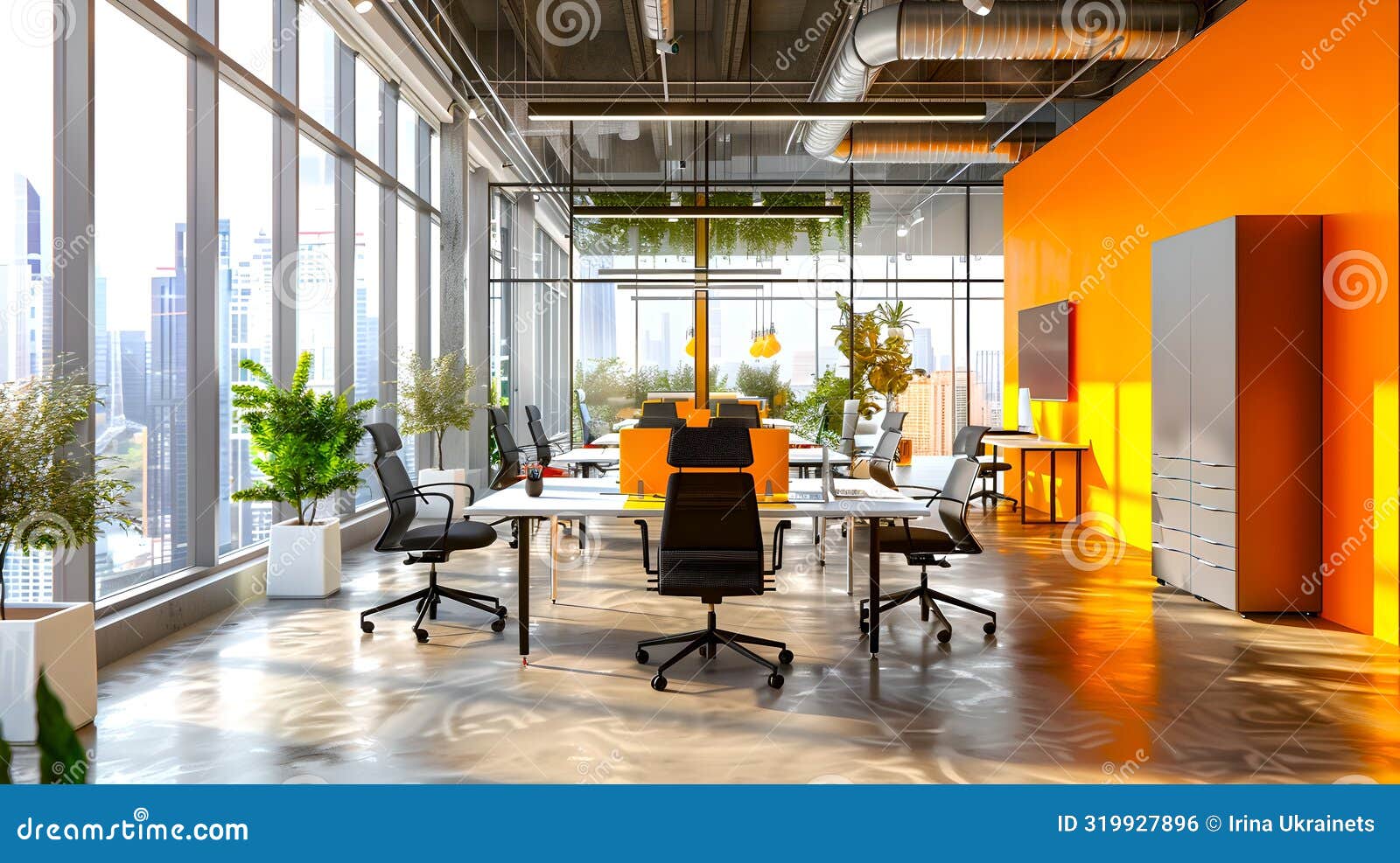 Modern Open Office Space with Bright Orange Walls and Large Windows ...