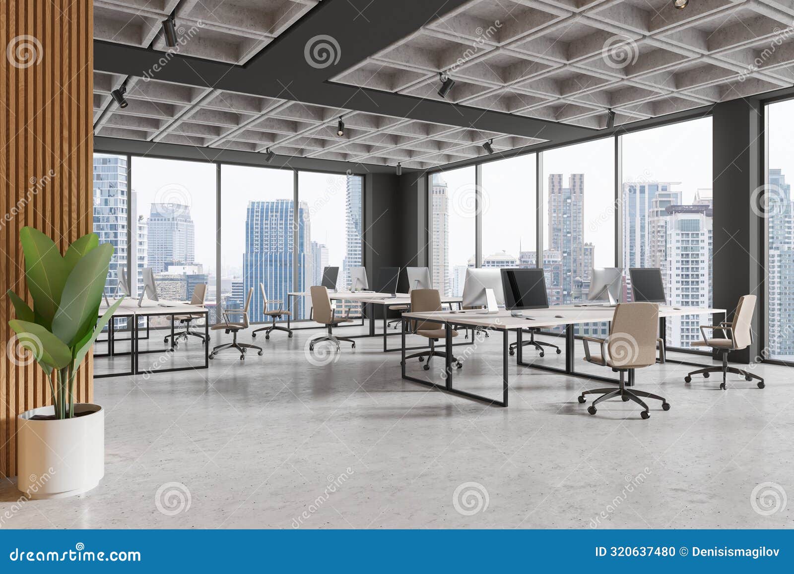 Modern Open Office Space with Cityscape View, Minimalist Interior ...