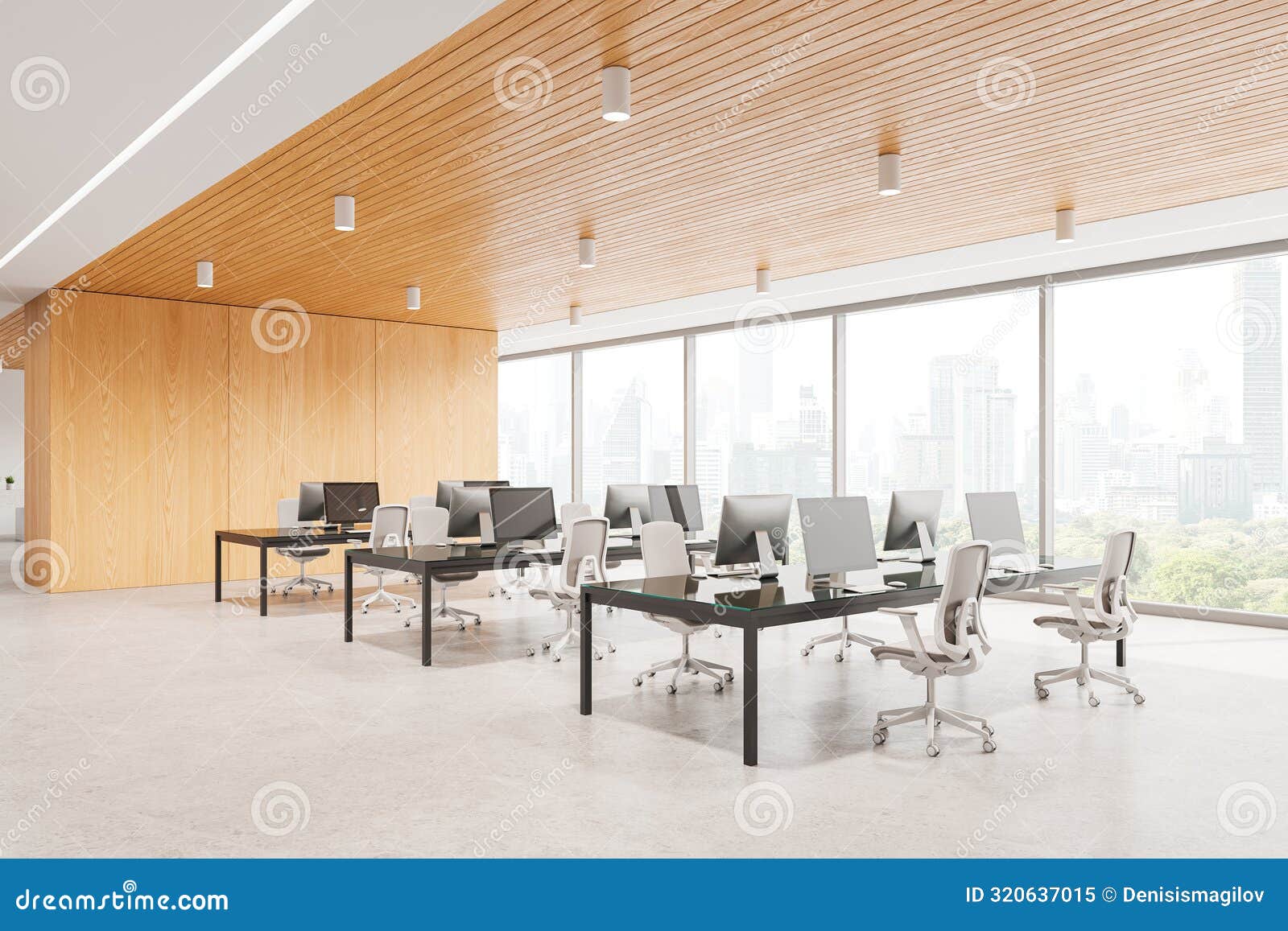 Modern Open Office Space with Computers on Desks, Contemporary Style, Large City-view Windows ...