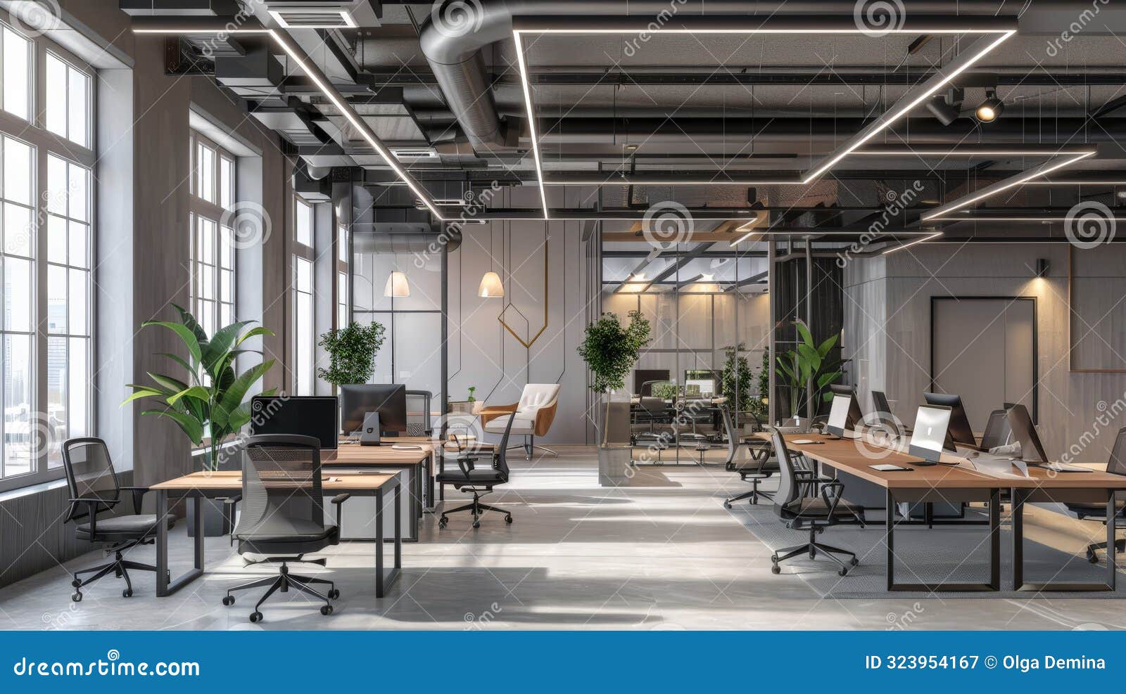 Modern Open Office Space with Large Windows and Greenery, Featuring Multiple Workstations and a ...