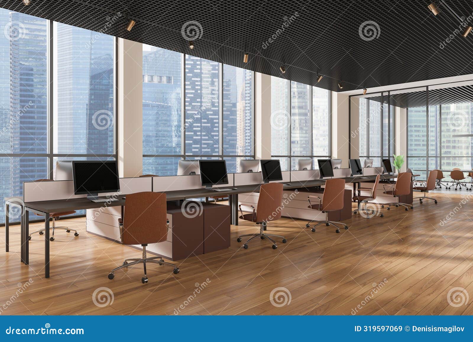 Modern Open Office Space with Several Workstations and Computers, Large Windows Showcasing City ...