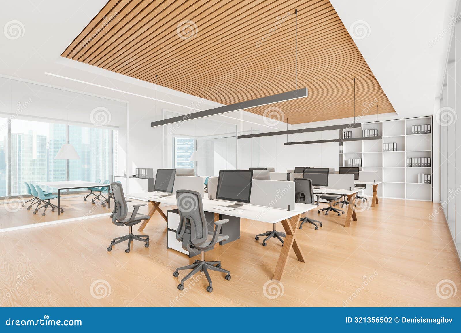 Modern Open Office Space with Workstations, Wood Panel Ceiling, and ...