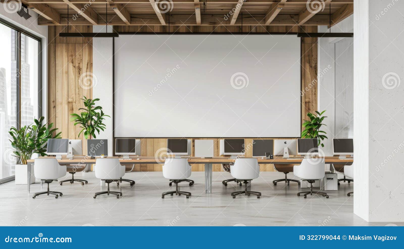 Modern Open Office Workspace with Computers and Large Screen ...