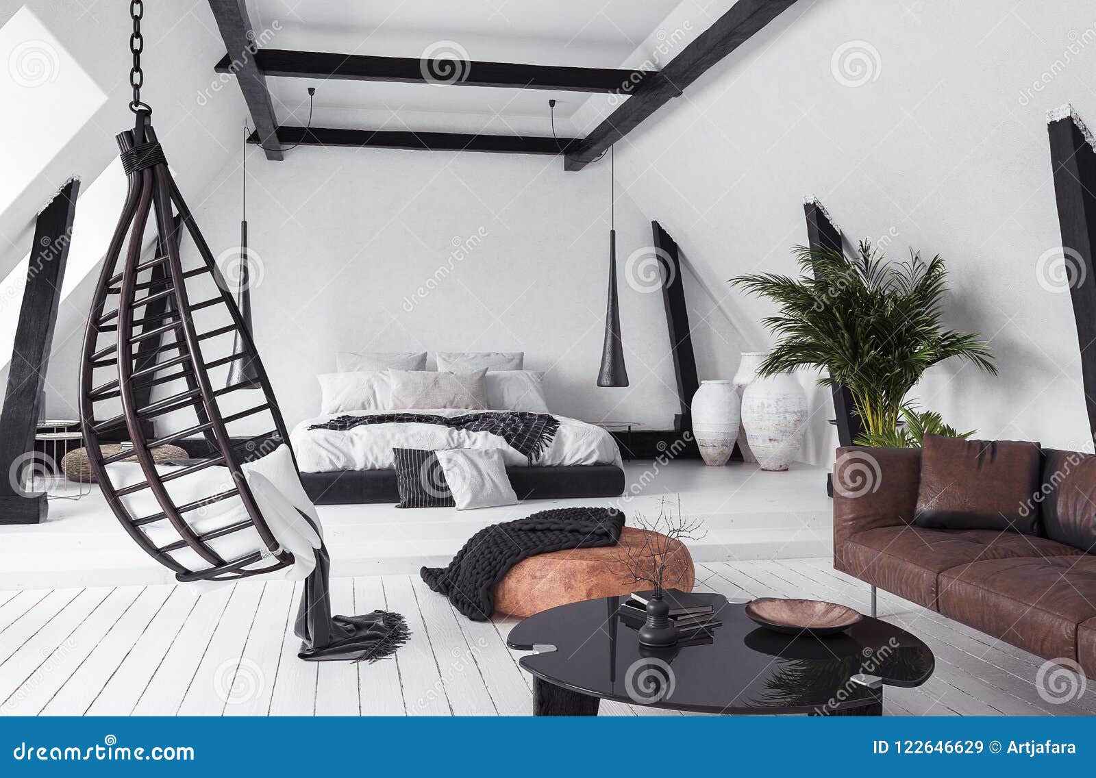 Modern Open-plan Apartment in Attic, Loft Style Stock Image - Image of ...