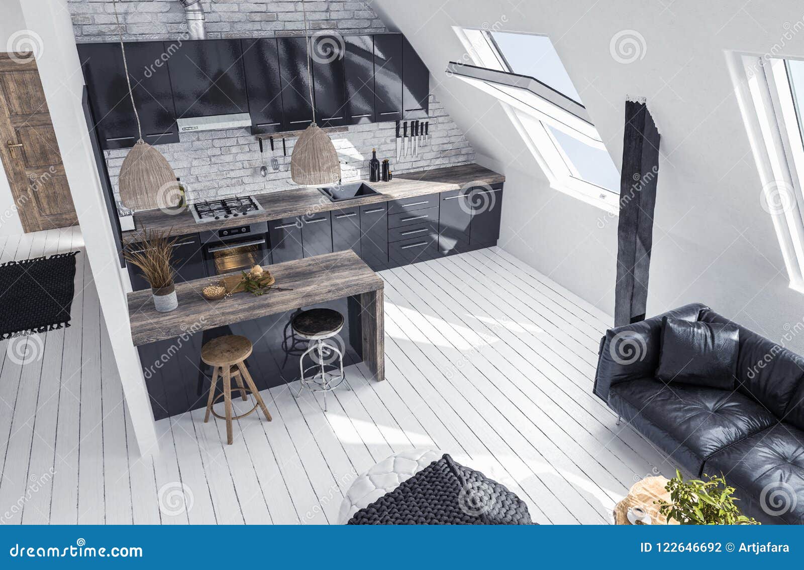 Modern Open-plan Apartment in Attic, Loft Style Stock Illustration ...