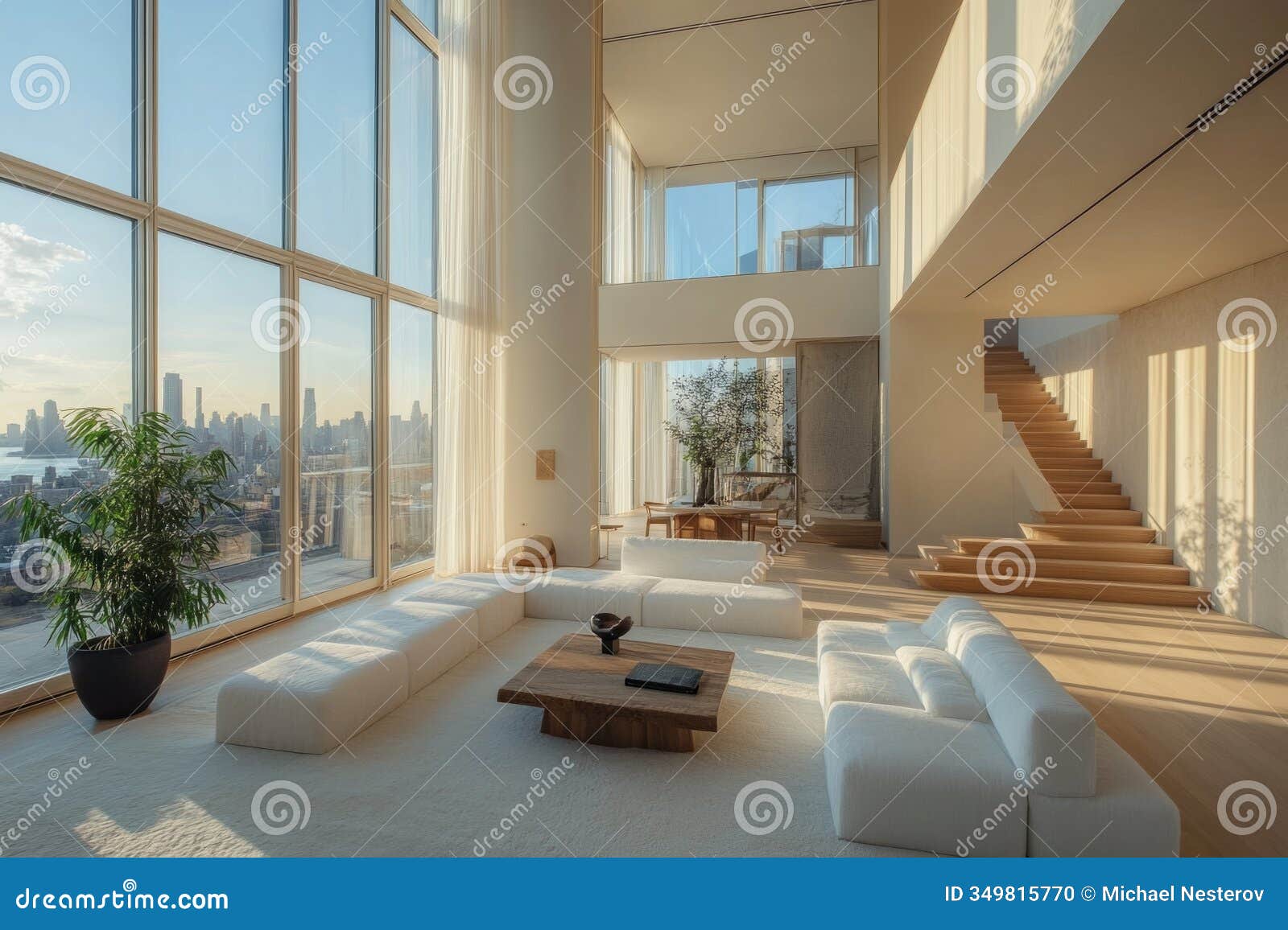 Modern Open Plan Apartment Interior with City Skyline View Stock Photo ...