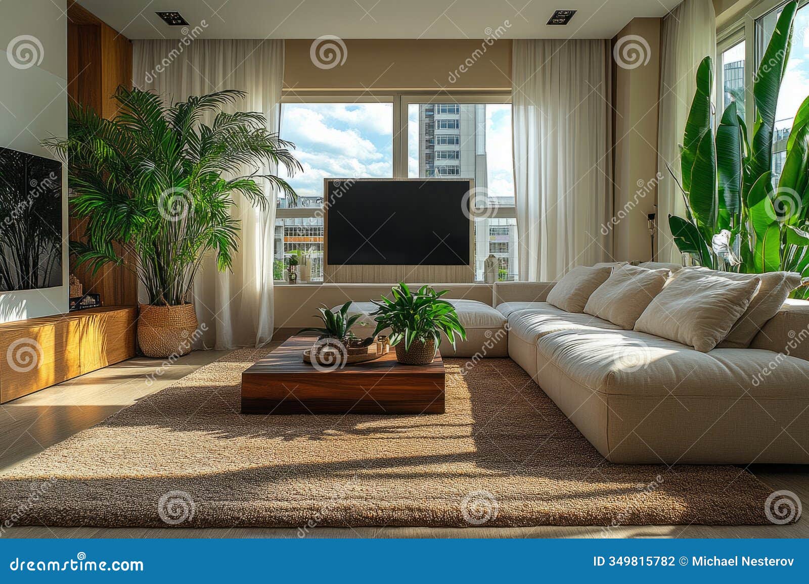 Modern Open Plan Apartment Interior with City Skyline View Stock Photo ...