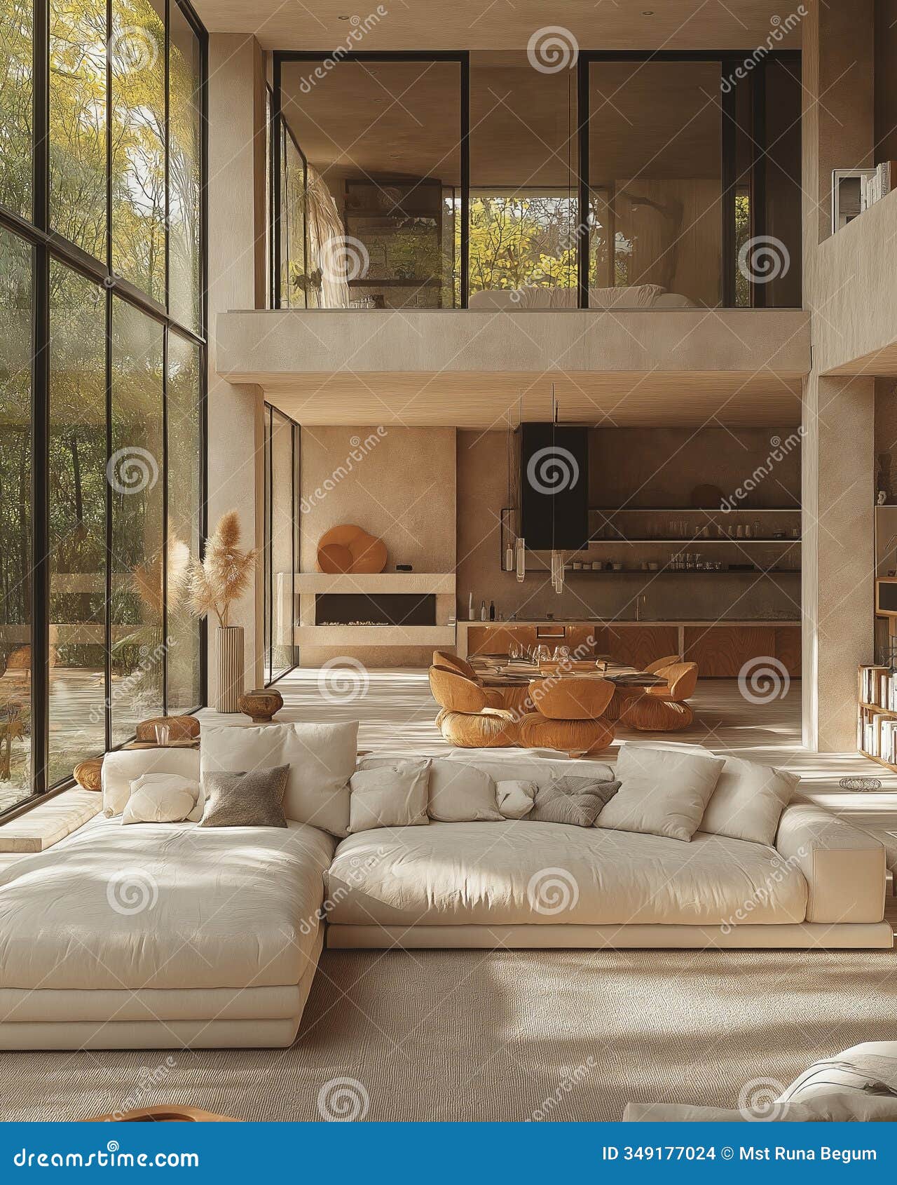 Modern, Open-Plan Living Room with Large Windows and Sectional Sofa ...