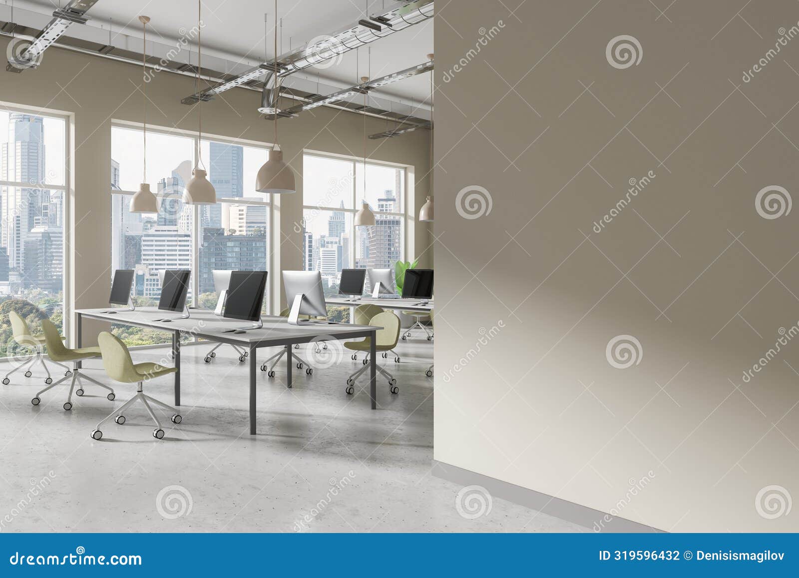 Modern Open-plan Office with Computers on Desks, Bright Interior, Large ...