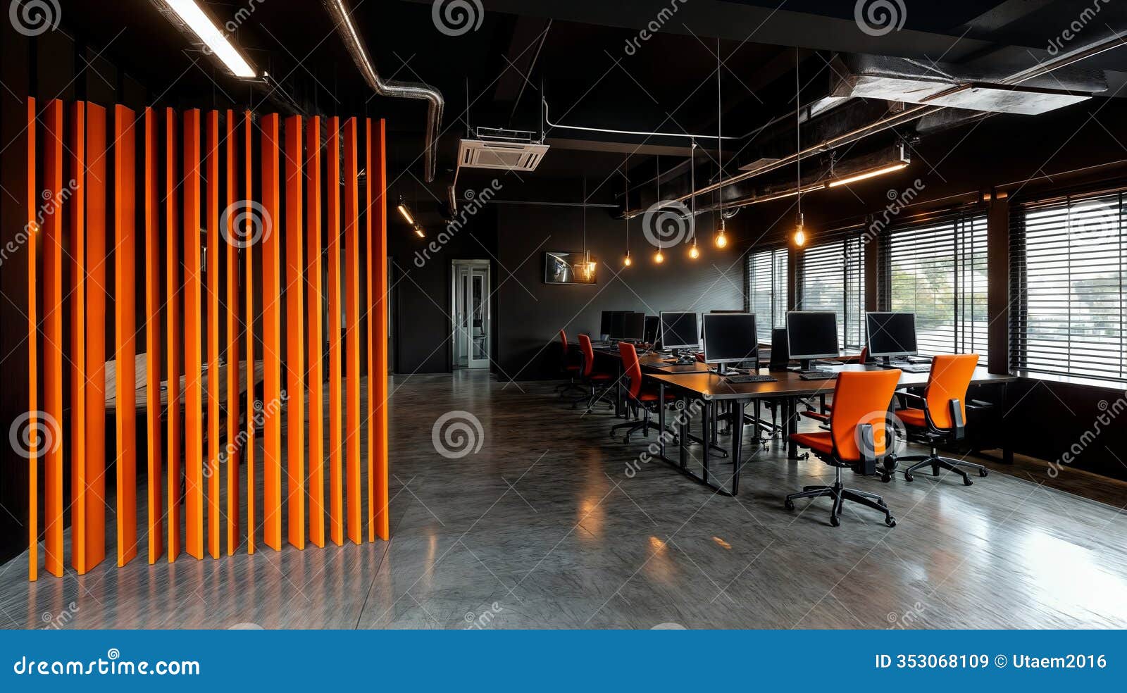 Modern Open Plan Office Interior with Orange Details and Exposed ...