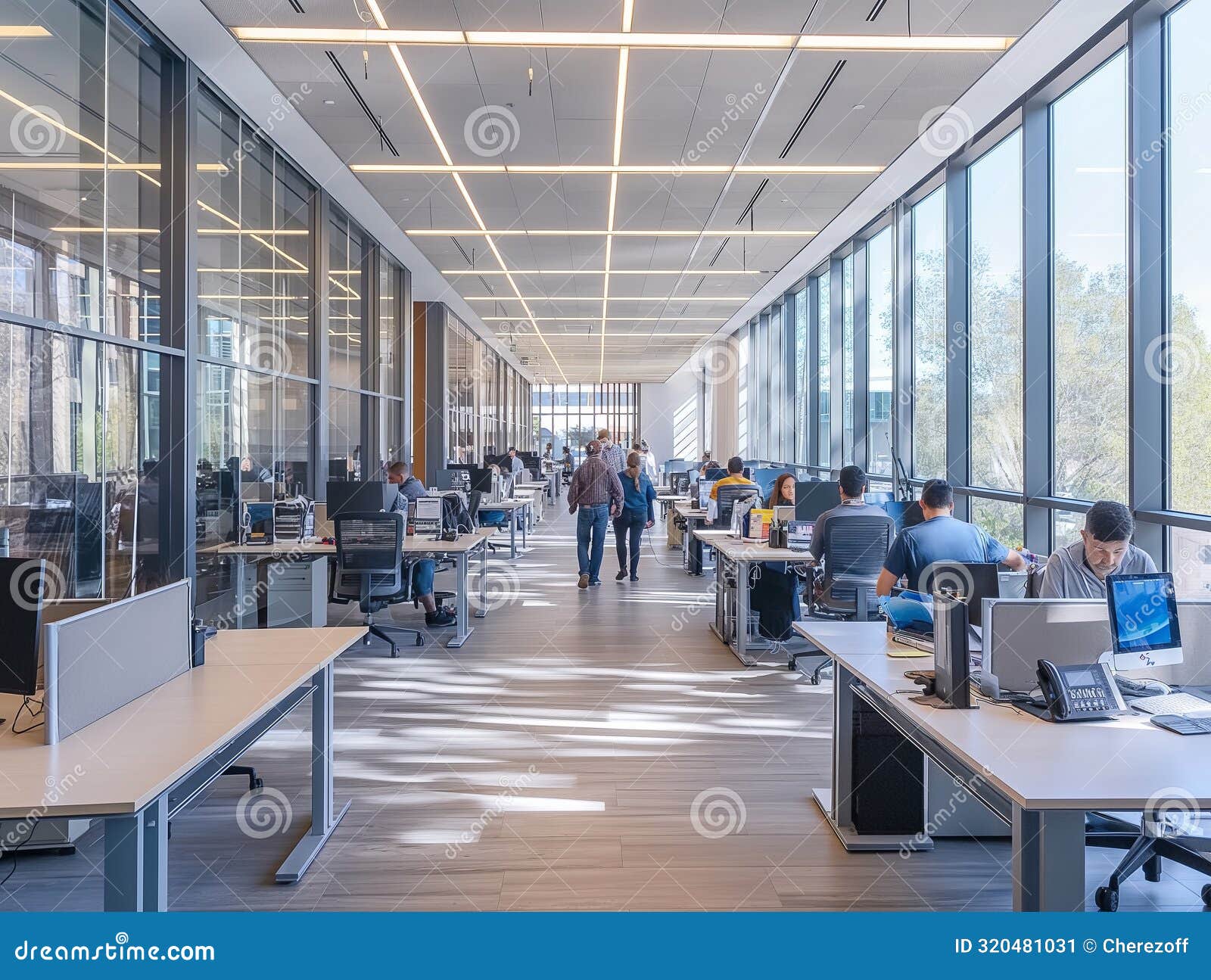 Modern Open-Plan Office with Large Windows Stock Illustration ...