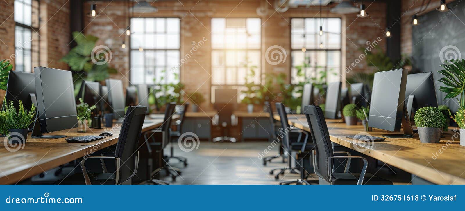 Modern Open-plan Office with Multiple Workstations and Computers is Shown. Brick Walls, Large ...