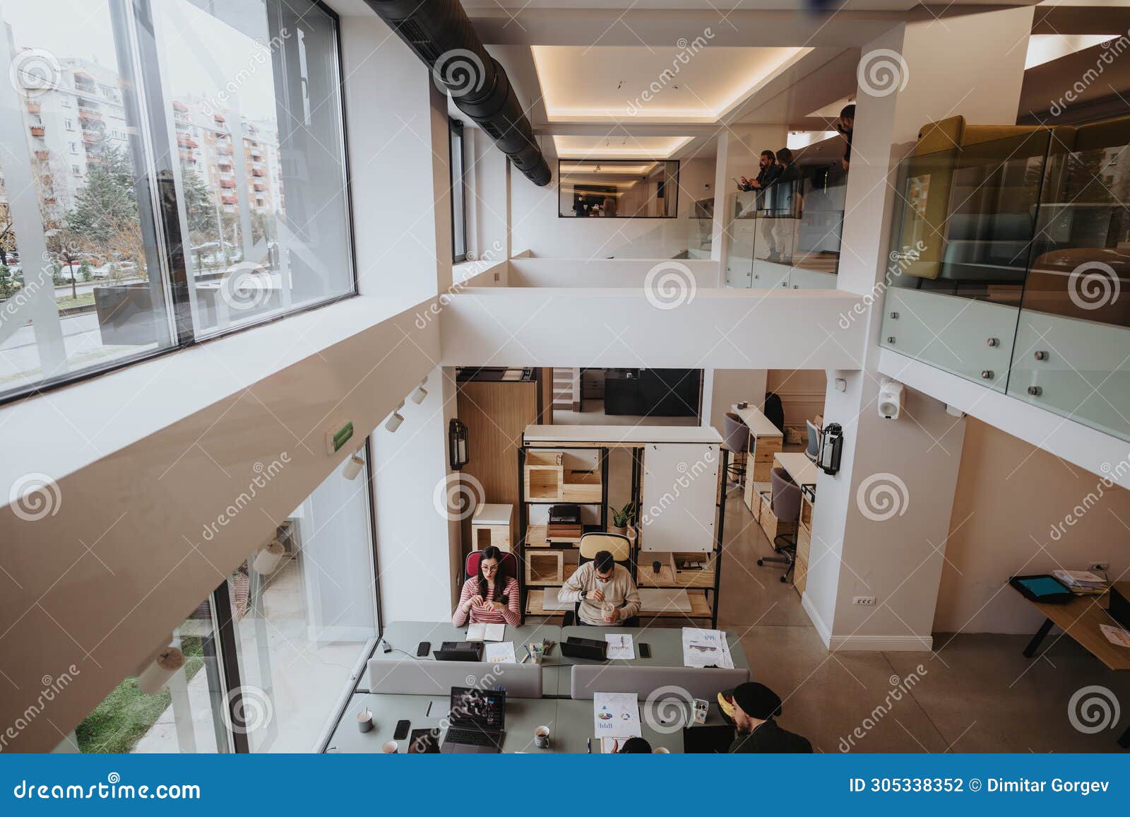 Overhead View of a Contemporary, Bright Office Environment Where ...