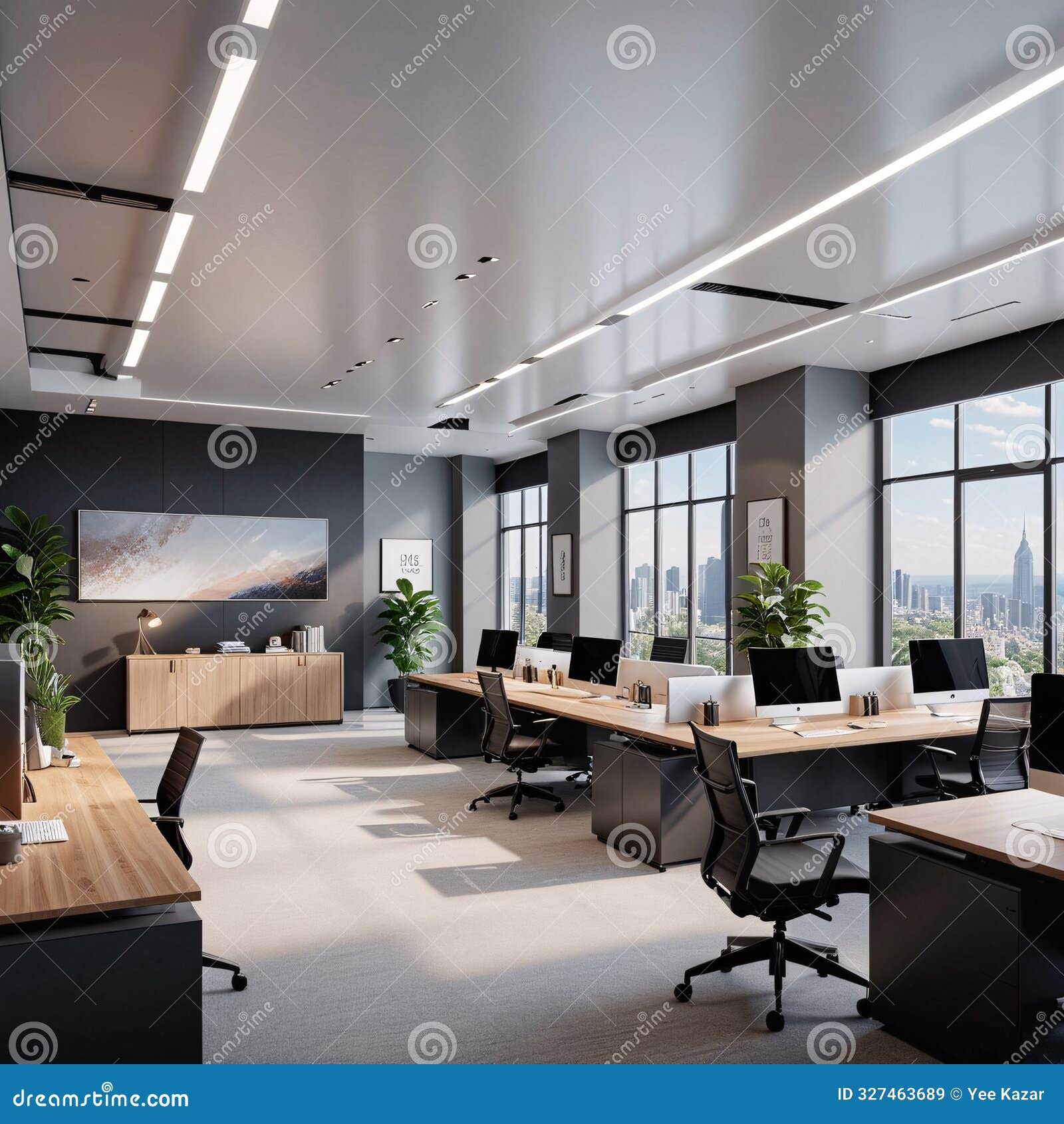 Modern Open Plan Office Space with City Views Stock Illustration ...