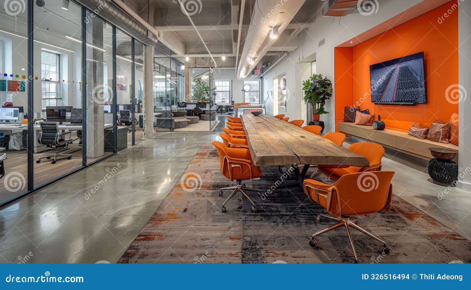 Modern Open-plan Office Space with Large Conference Table, Orange ...