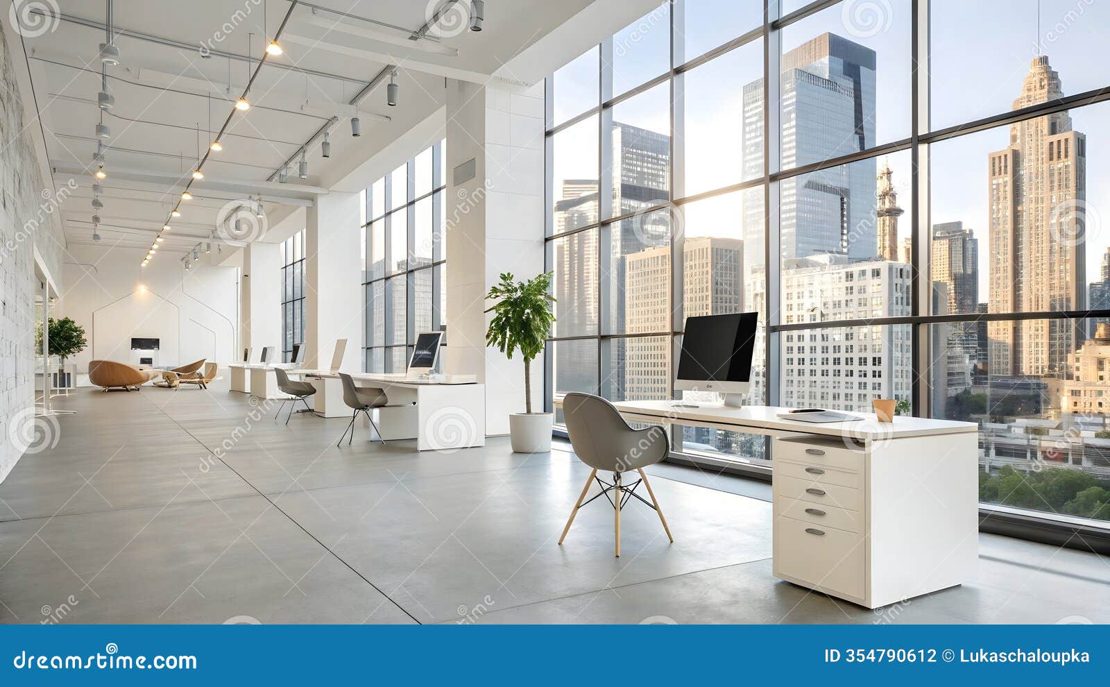 Modern Open-Plan Office Space with Skyline View and Contemporary ...