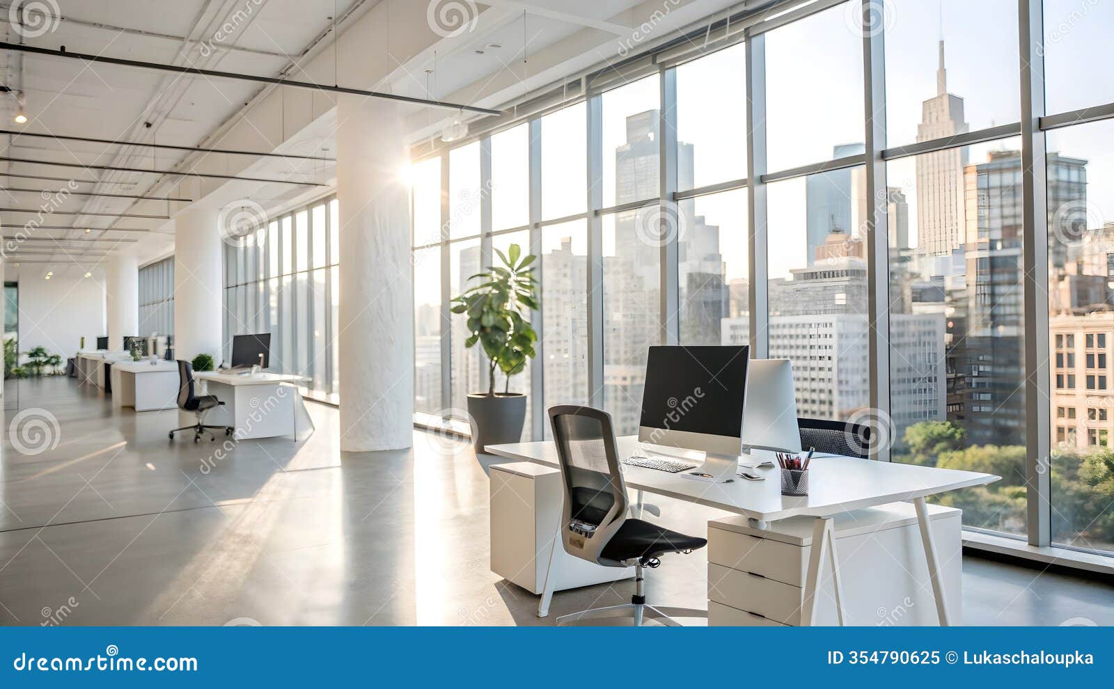 Modern Open-Plan Office Space with Skyline View and Contemporary ...