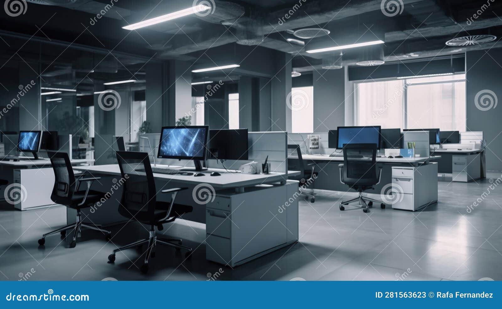 Modern Open Space Office with Computer Monitors on White Desks. Ai ...