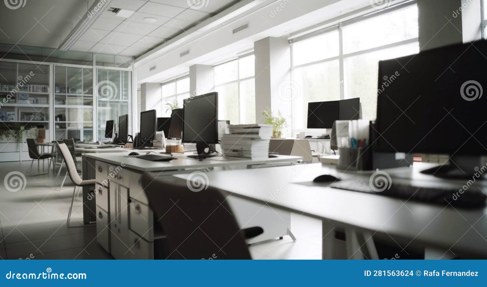 Modern Open Space Office with Computer Monitors on White Desks. Ai ...