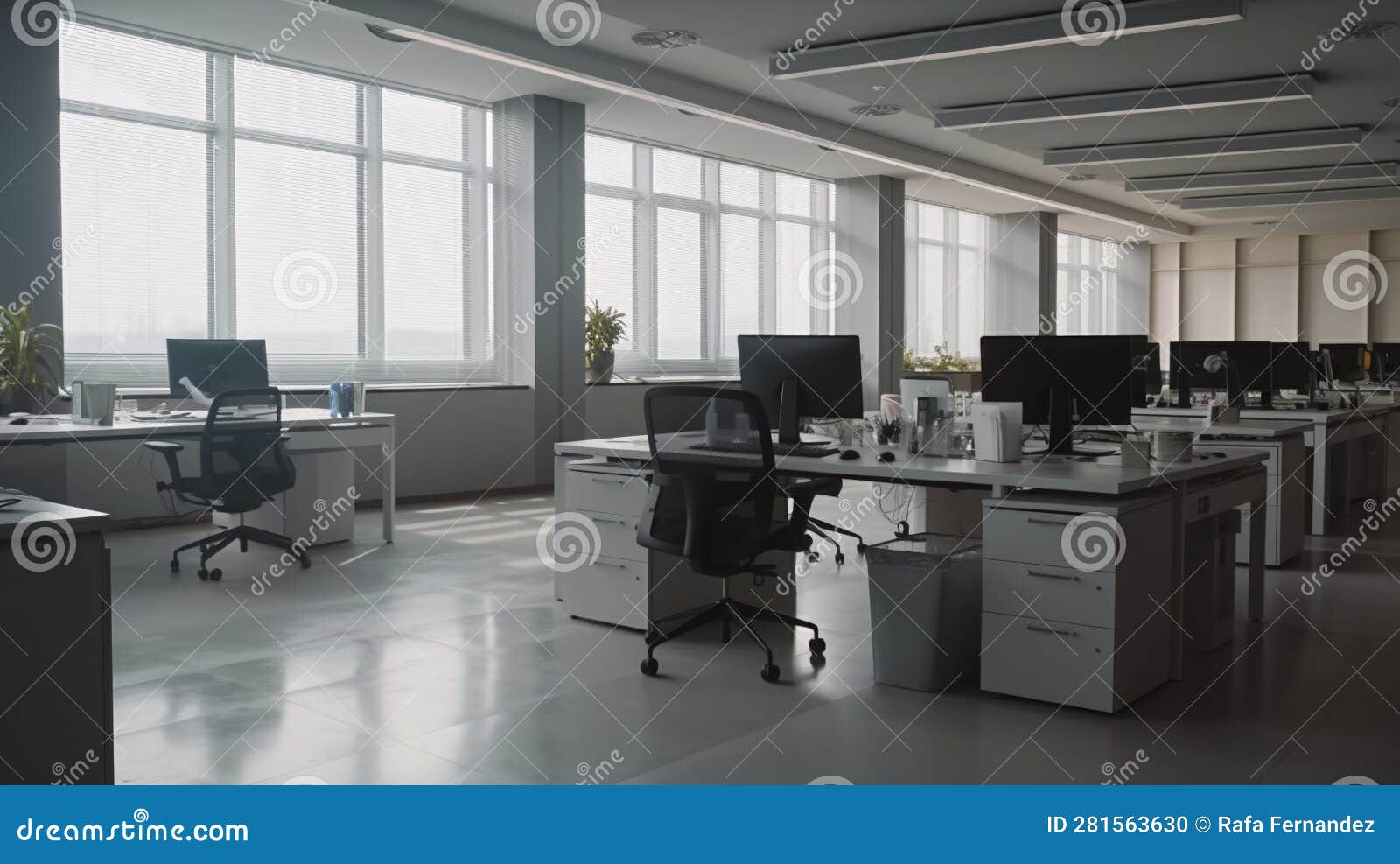 Modern Open Space Office with Computer Monitors on White Desks. Ai ...